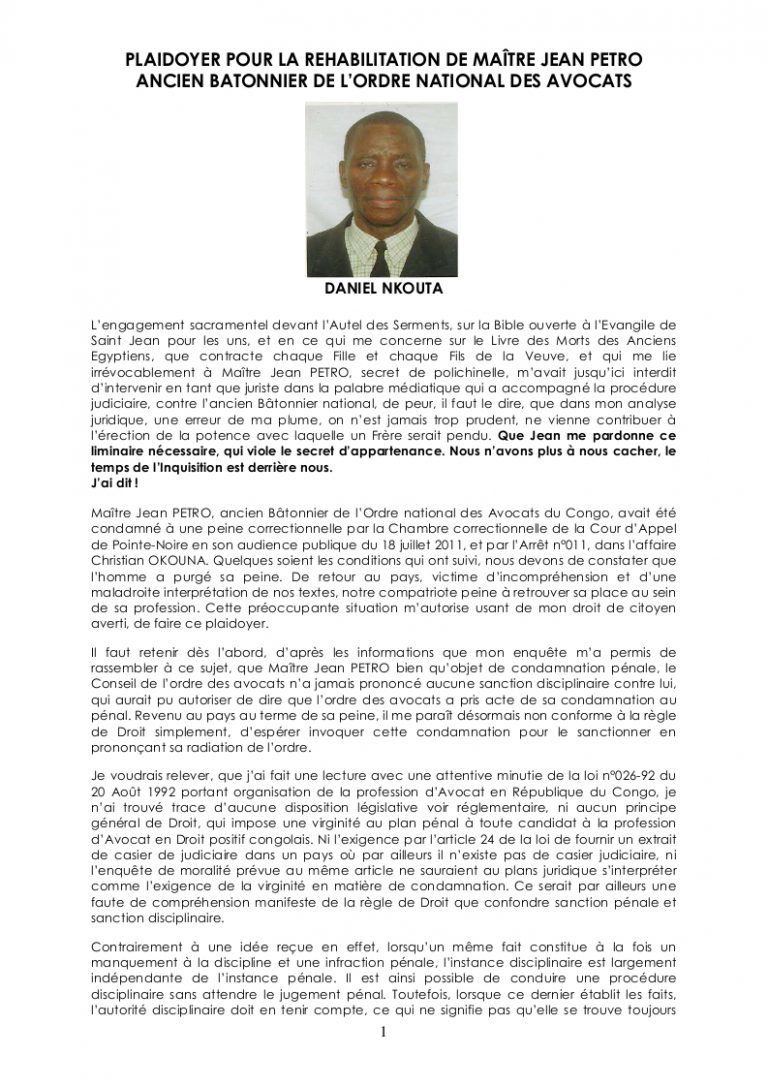 Plaidoyer pour la réhabilitation de Maitre Jean Petro, ancien bâtonnier ...